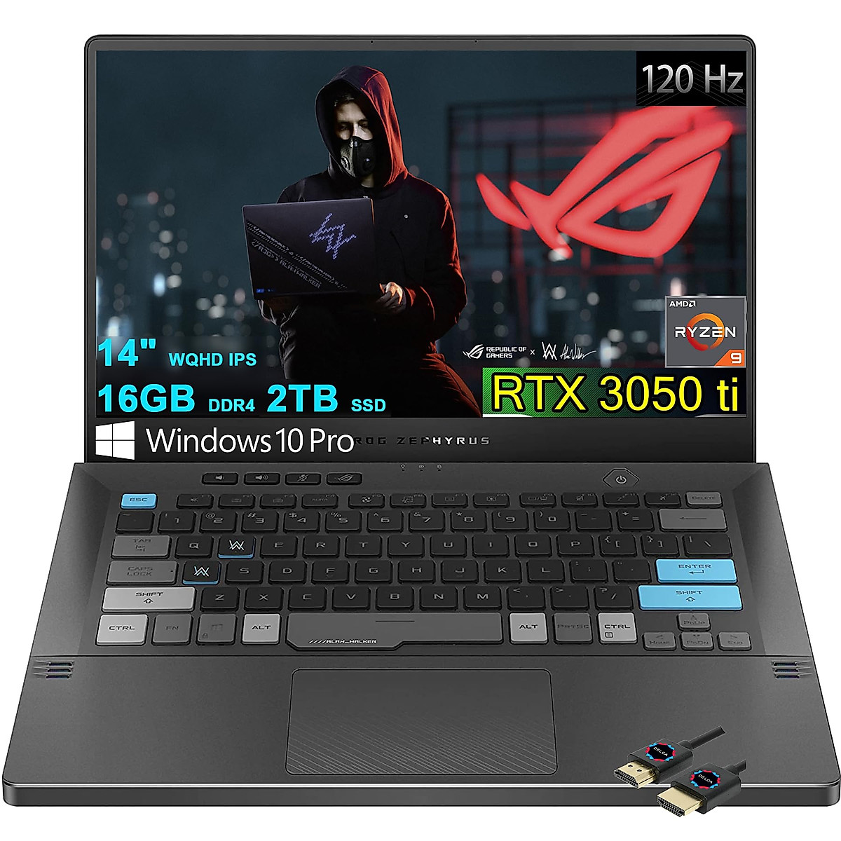 ASUS ROG Zephyrus G14 Alan Walker SE Gaming Laptop | 14" WQHD 120Hz | AMD 8-Core Ryzen 9 5900HS (>i7-10370H) | 16GB DDR4 2TB SSD | GeForce RTX3050Ti 4GB | Backlit USB-C Win10Pro + HDMI Cable
