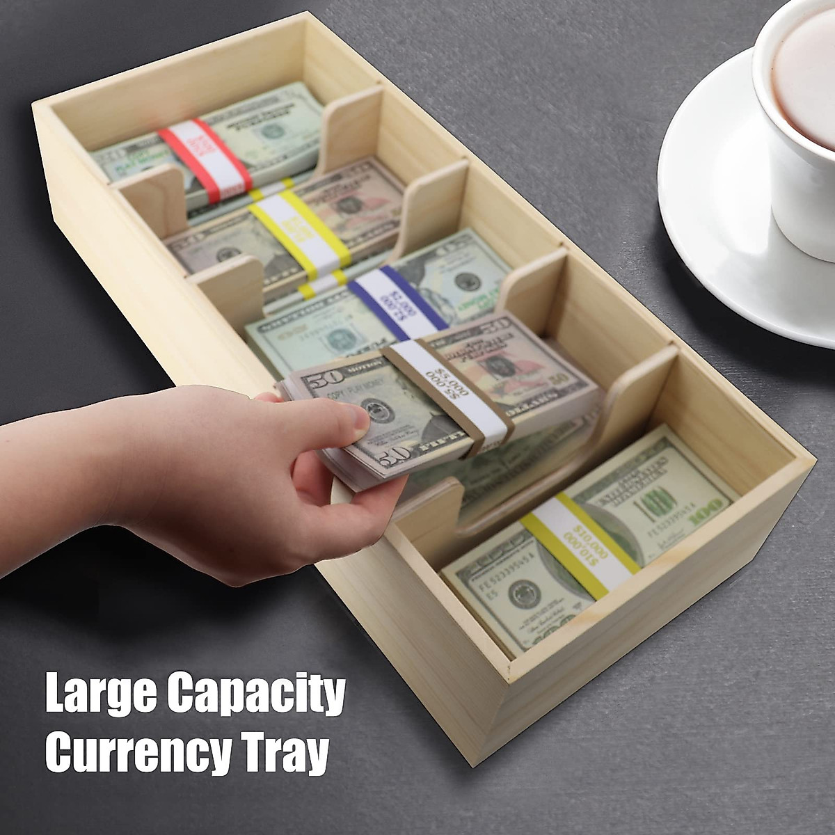 Mczxon Wooden Currency Money Cash Tray With 300 Currency Wrappers, 5 Compartment Wooden Cash Money Currency Organizer Storage Change Box Case for Cash, Moneyboxes Currency Holder Cash for Money