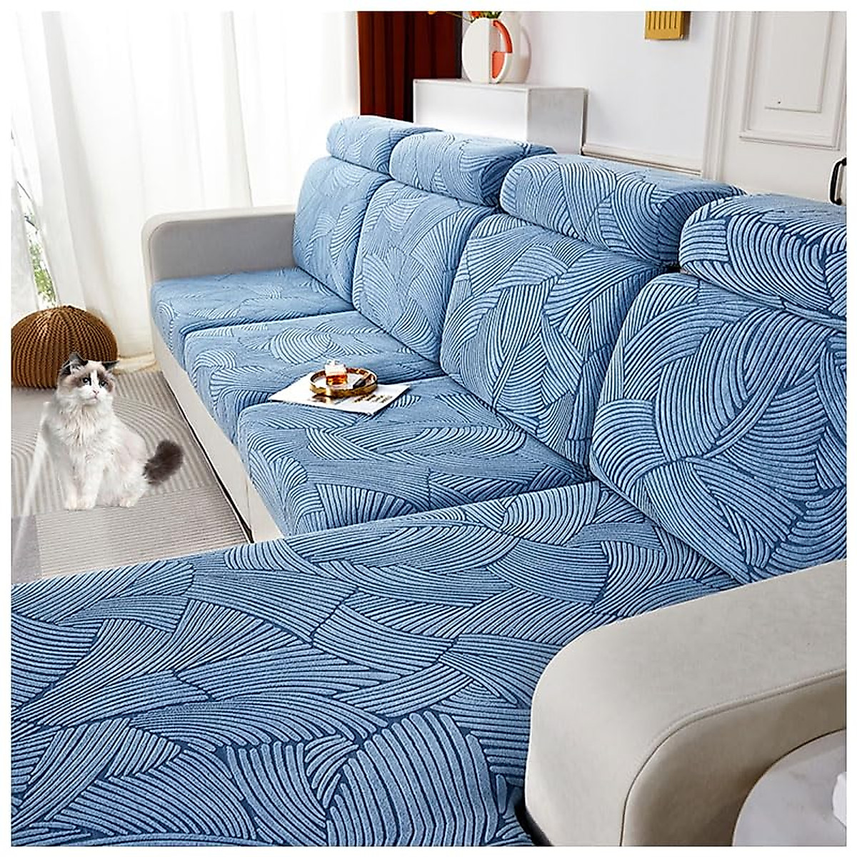 GORHLady Sofa Seat Cushion Covers Highly Elastic 1 2 3 4 Seater L-Shape Non-Slip Sofa Covers Replacement Elastic Furniture Protectors with Bottom Elastic Protectors 4-Seater Blue