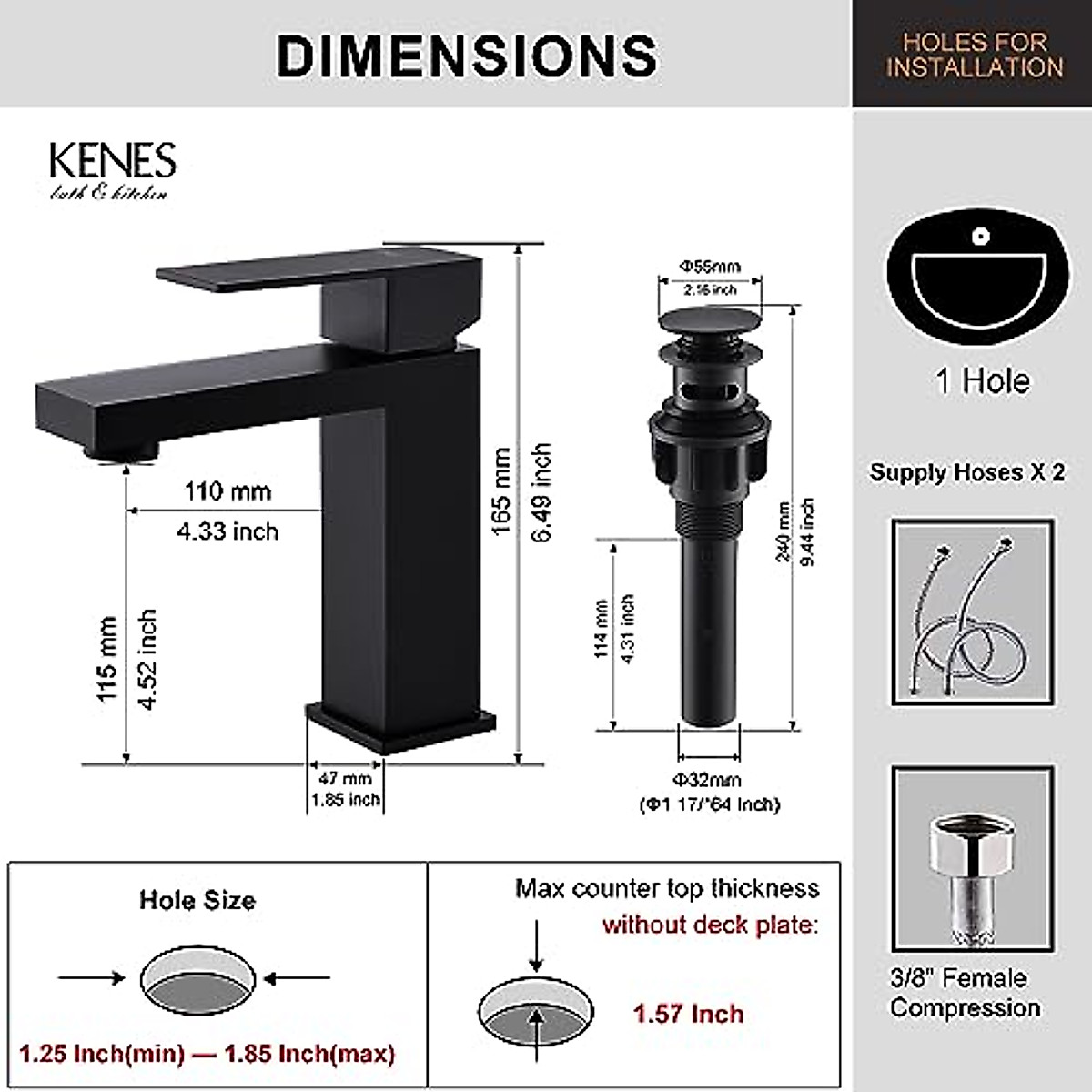 KENES Matte Black Single Handle Bathroom Sink Faucet, Stainless Steel Vanity Faucet for Bathroom Sink, with Pop Up Drain Stopper & Water Supply Hoses LJ-9031-2