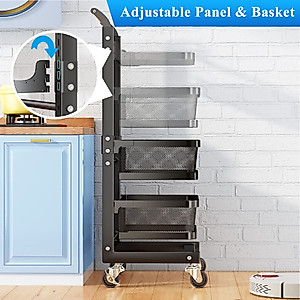 4 Tier Rolling Cart, Hanging Adjustable Utility Cart for Kitchen Pot Holder Office Laundry Bathroom, Black
