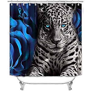 jieprom 4PCS Blue Rose and Leopard Shower Curtain Set with Non-Slip Rugs, Toilet Lid Cover and Bath Mat, Animal Shower Curtain with 12 Hooks, Durable Waterproof Bathroom Decor Set