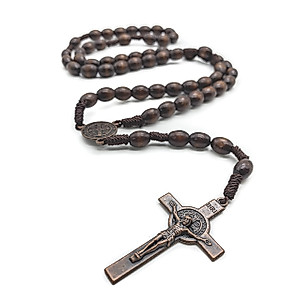 Nazareth Store St.Benedict Wood Beads Rosary Necklace Cord Beaded Catholic Rosary Saint Medal with Cross in Bronze Plating