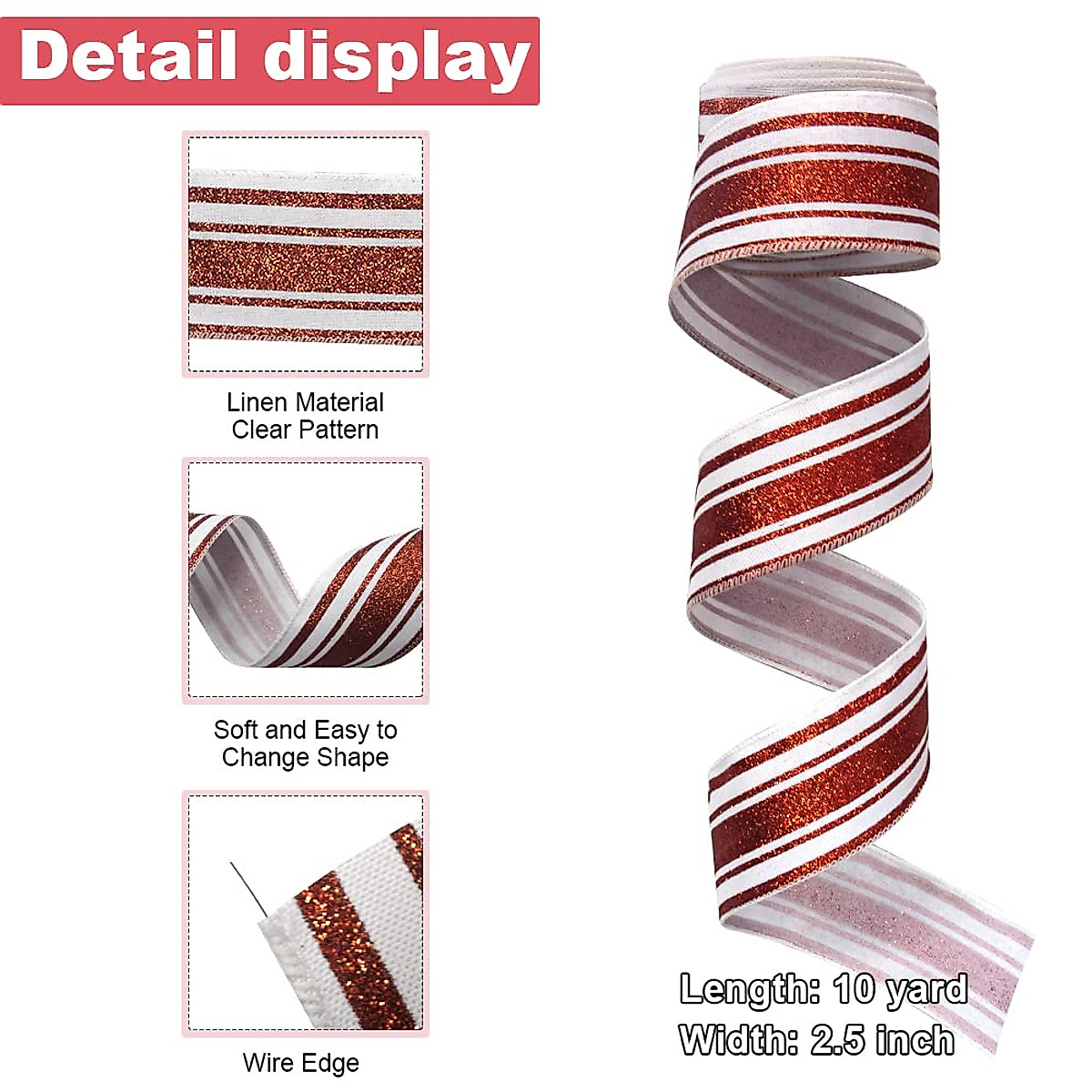 Hying Valentine's Day Ribbons for Gift Wrapping, 2.5"×10 Yards Glitter Red Stripes Burlap Ribbon Wedding Wired Edge Ribbons for Valentines Decoration Anniversary Party Supplies