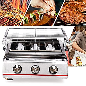 Tabletop Grill, 3-Burner Side Gas Grill, Portable Barbecue Grill, Stainless Steel BBQ Grill Cooker with Grill Net for Camping Parties Barbeque Picnics Outdoor Use