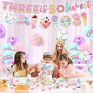 Three is So Sweet Ice Cream Birthday Party Decorations, Three is So Sweet Party Banner Cake Cupcake Toppers Macaron Balloons for Ice Cream/Donut Theme Third Birthday Girls Ice Cream 3rd Birthday Party