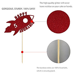 Red Rocket 5th Birthday Cake Topper, Glitter Boy Girl Space 5 Years Birthday Party Decoration