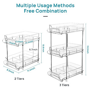 Vtopmart 3 Pack 2 Tier Bathroom Under Sink Organizers and Storage, Clear Kitchen Pantry Organization, Pull Out Medicine Cabinet Organizer with Movable Dividers