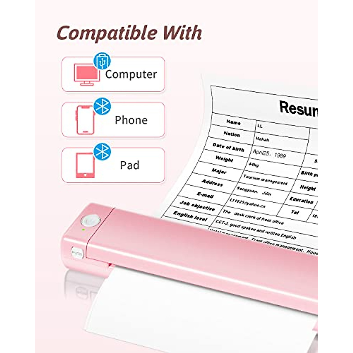 Odaro Pink M08F Letter Portable Printer for Travel with 100 Sheets Continual Thermal Paper 8.5" X 11" Letter Size
