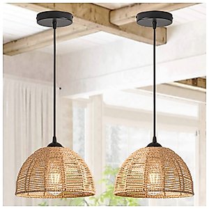 Gudicati Hand Woven Rattan Pendant Light Fixture Vintage Farmhouse 9.84" Bamboo Dome Pendant Lights Modern Retro Boho Wicker Basket Pendant Lighting for Kitchen Island, Bedroom, Dining Room, 2-Pack