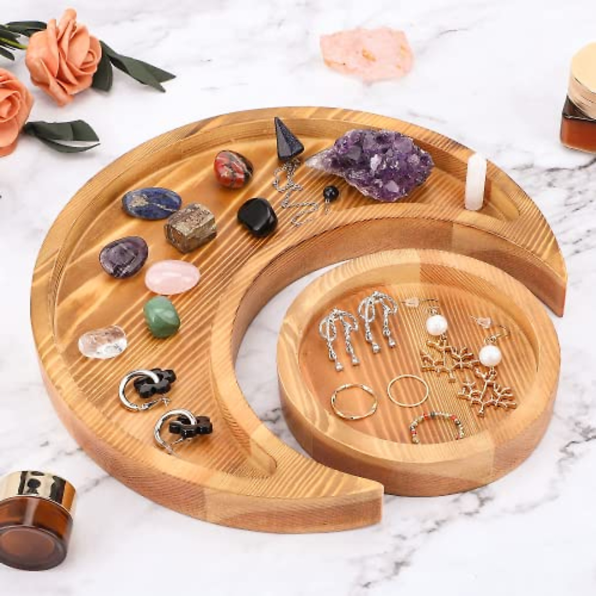BestFire Moon Tray with Round Tray Crystal Holder Display Moon Tray Crystal Holder Wooden Crystal Organizer Essential Oil Dish for Rings & Jewelry -Mother's Day, Valentine's Day Gifts (Light brown)