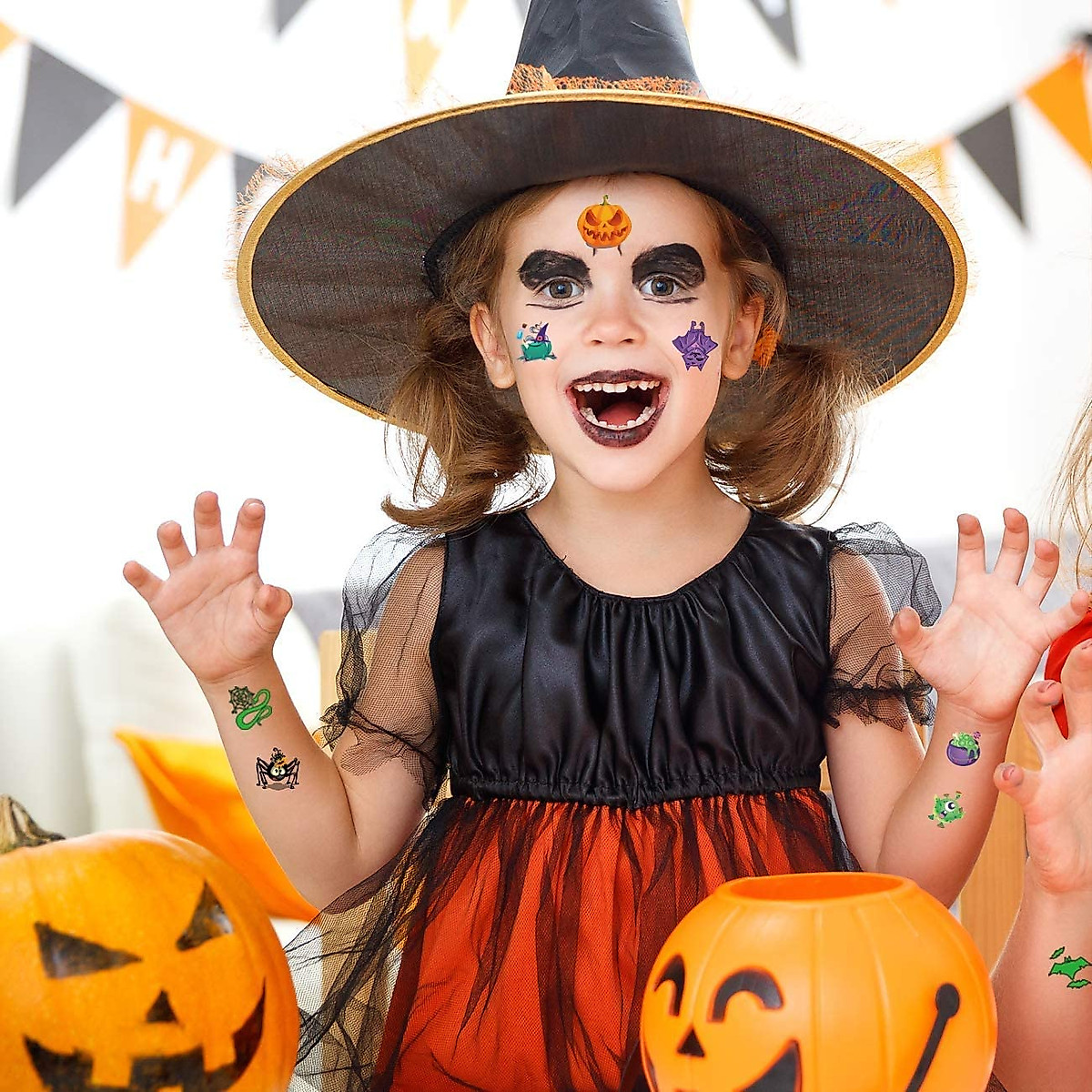 WAVEJOE 180pcs Assorted Halloween Tattoos, 30 Designs Including 36 Glow in The Night Children Tattoos Halloween Trick or Treat Ghost Monster Pumpkin Tattoos