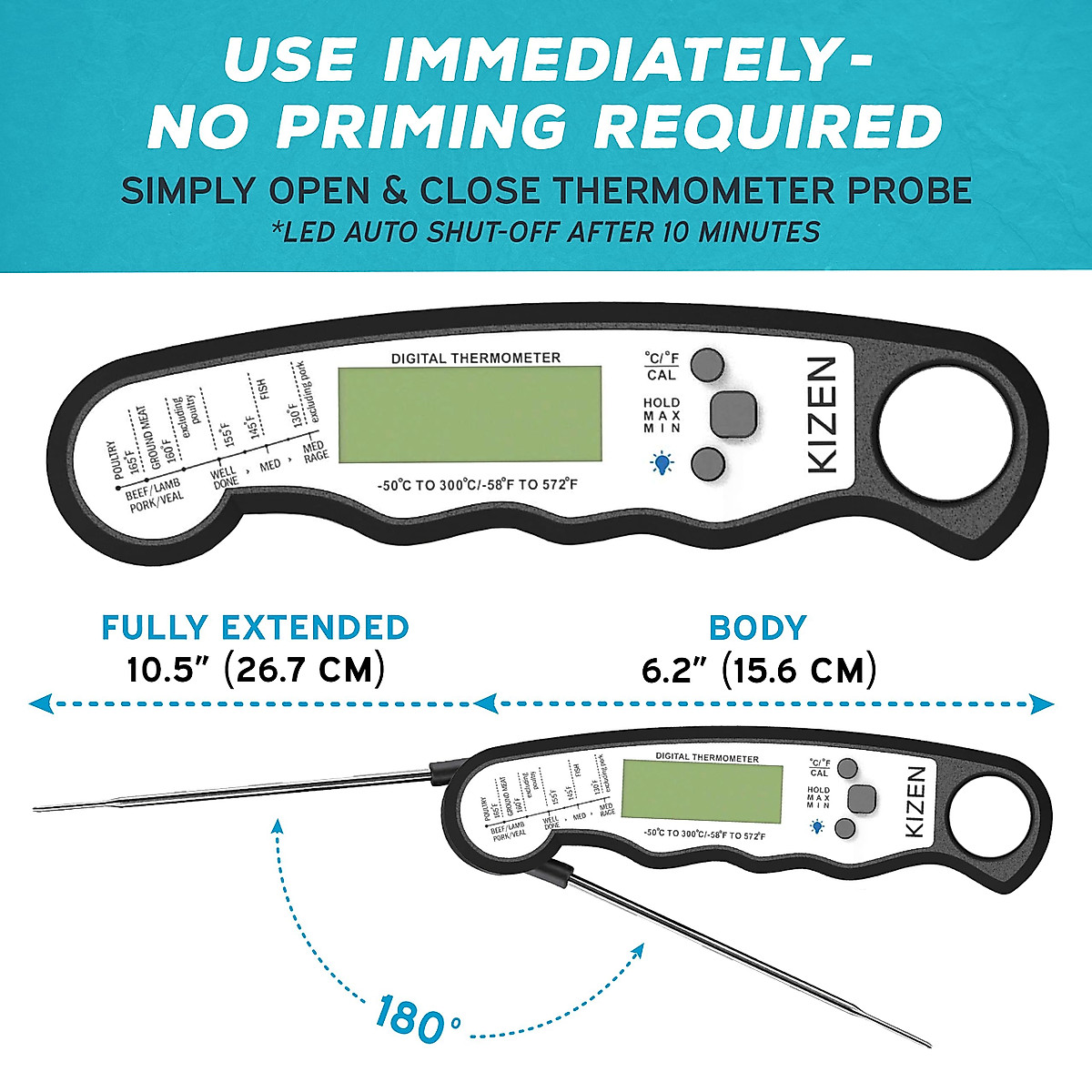 KIZEN Digital Meat Thermometer with Probe - Waterproof, Kitchen Instant Read Food Thermometer for Cooking, Baking, Liquids, Candy, Grilling BBQ & Air Fryer - Black/White