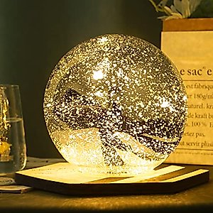 Lighted Mercury Glass Ball Table Lamp, Silver Cordless Glass Orb Christmas Decor Ball Led Light Globe, Modern Light Up Battery Operated Sphere Glass Night Light for Home Bedroom Indoor Decor, Large