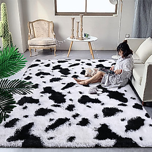 DweIke Super Soft Shaggy Rugs Fluffy Carpets, 3x5 Feet, Cow Print Rug for Living Room Bedroom, Fluffy ​Rug for Girls Kids Room, Shag Plush Rug for Teen Room Decor, Black-White