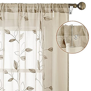 HOMEIDEAS Taupe Sheer Curtains 52 X 84 Inches Long 2 Panels Beige Embroidered Leaf Pattern Pocket Faux Linen Floral Semi Sheer Voile Window Curtains/Drapes for Bedroom Living Room