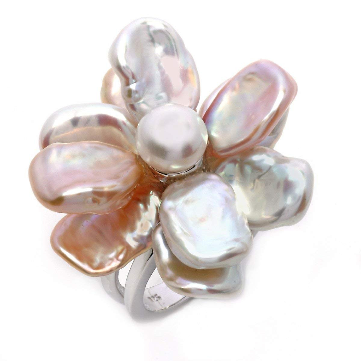The Pearl Source Genuine Multicolor Keshi Cultured Pearl Flower Ring for Women
