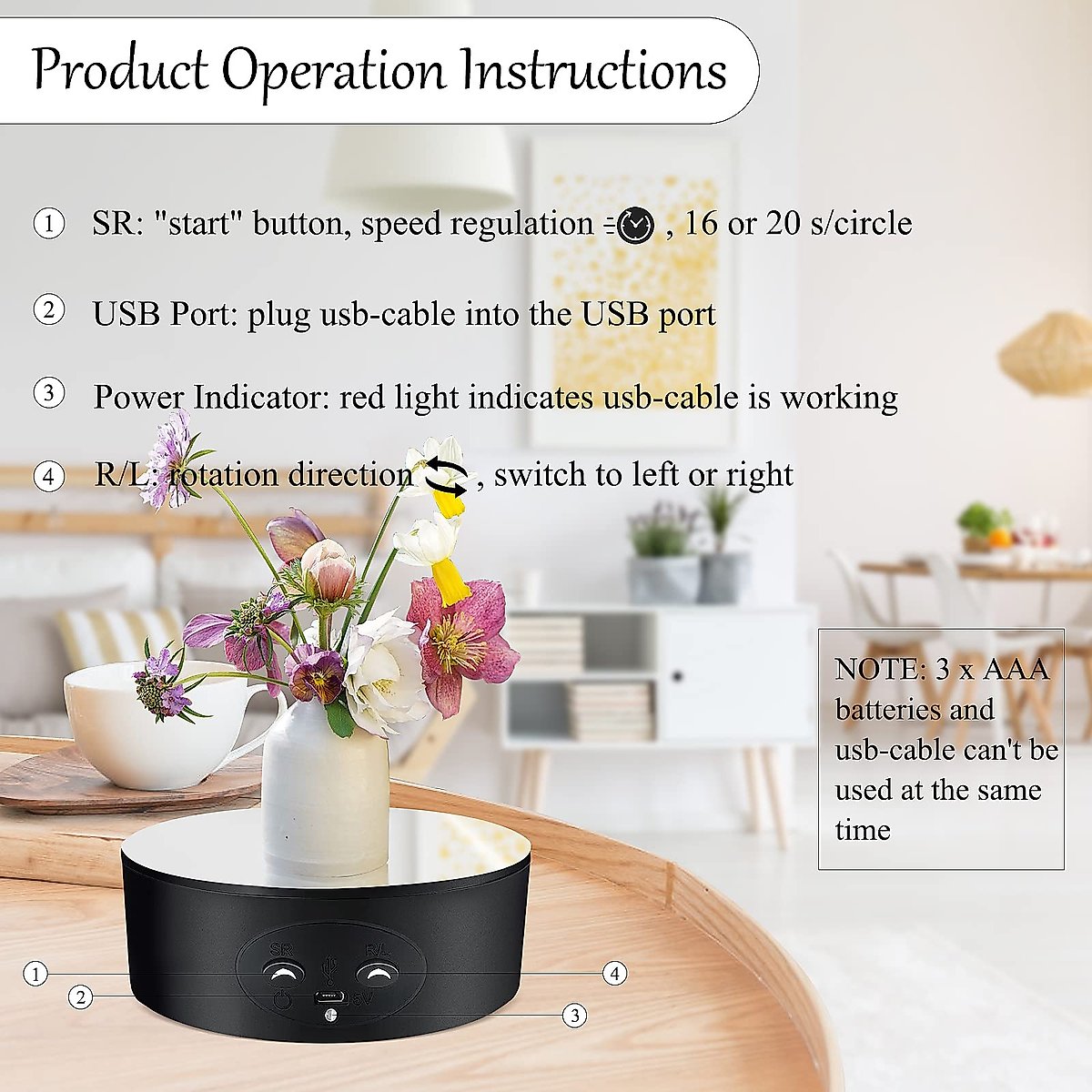 Riomh Rotating Display Stand, 360 Degree Automatic Mute Spin Turntable for Photography Display, Shooting Videos, Figures and Collections Display (Black)