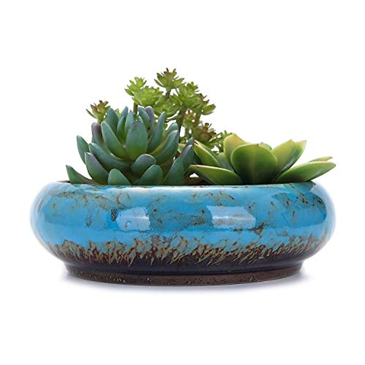 VanEnjoy 7.3 inch Round Large Shallow Succulent Ceramic Glazed Planter Pots with Drainage Hole, Bonsai Pots Garden Decorative Cactus Stand Flower Container (Blue)