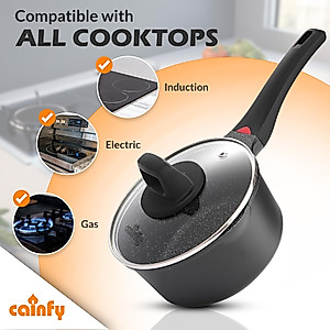 7 Inch Non Stick Sauce Pan with Glass Lid & Pour Spout - Lightweight 1.8 Quart Ceramic Coated Saucepan - Multipurpose Induction Compatible PFOA Free Small Cooking Pot with Stay Cool Handle (Black)