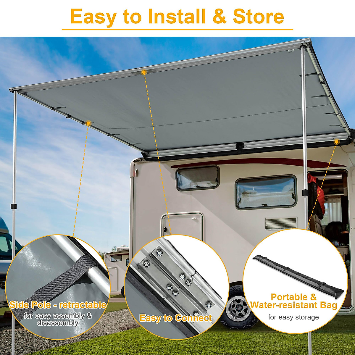 Yescom 8.2x8.2Ft Car Side Awning SUV Truck Vehicle Canopy UV50+ Rooftop Pull Out Tent Shade Shelter for Outdoor Camping