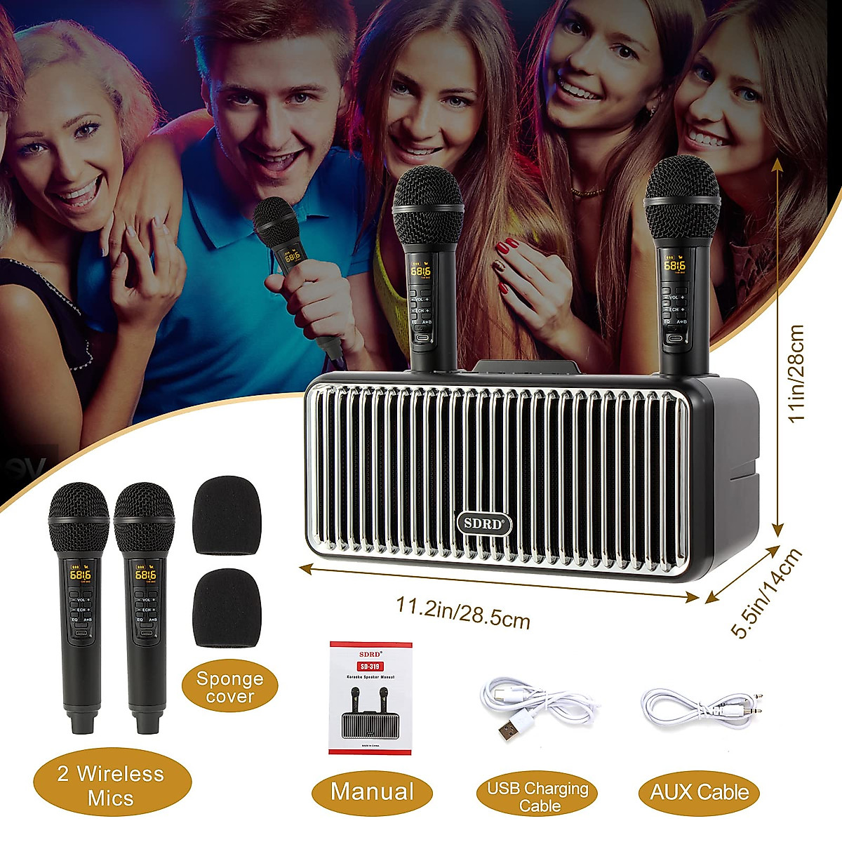 Karaoke Machine for Adults and Kids,Bluetooth Karaoke Speaker with 2 Wireless Microphone,Party Speakers with Phone Holder,HD Sound PA System Support TWS,TFcard,AUX in,for Party/Meeting