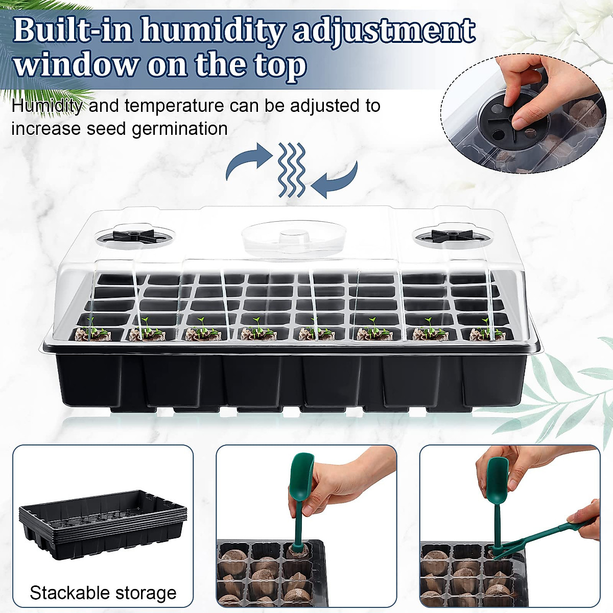 8 Pack Seed Starter Tray Seedling Trays with 200 Peat Pellets 20 Plant Labels 4 Gardening Tools with Humidity Vented Domes and Base Seed Germination Kit Mini Greenhouse for Plant Seedling (Black)