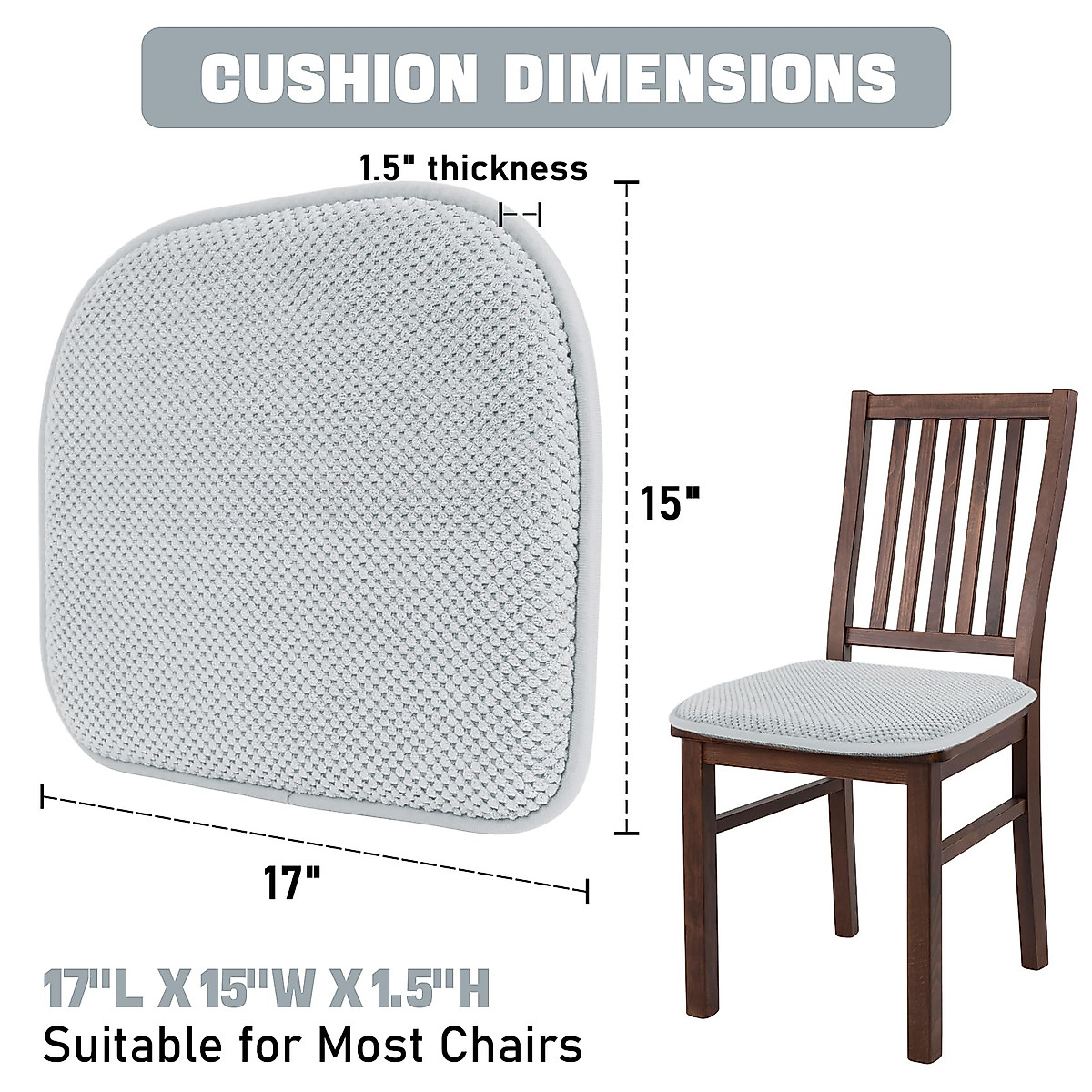 PRONOUS Light Grey Memory Foam Chair Pads, 2 Pack D-Shaped Seat Cushions for Dining Office Chairs, 17" x 15", Nonslip