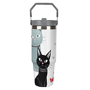 30oz Stainless Steel Insulated Tumbler with Flip Lid & Straw, Leakproof Travel Mug for Car, Black And White Cats Double Wall Vacuum Thermal Coffee Cup with Handle, Spill-Proof Design for Hot/Cold Drin