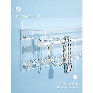 Mymazn 2 Pack Acrylic Necklace Holder with Shelf, 12 Diamond Shape Hooks and Removable Bracelet Rod, Wall Mounted Jewelry Organizer Hanging Jewelry Rack Clear Jewelry Hangers for Necklace, Bracelet
