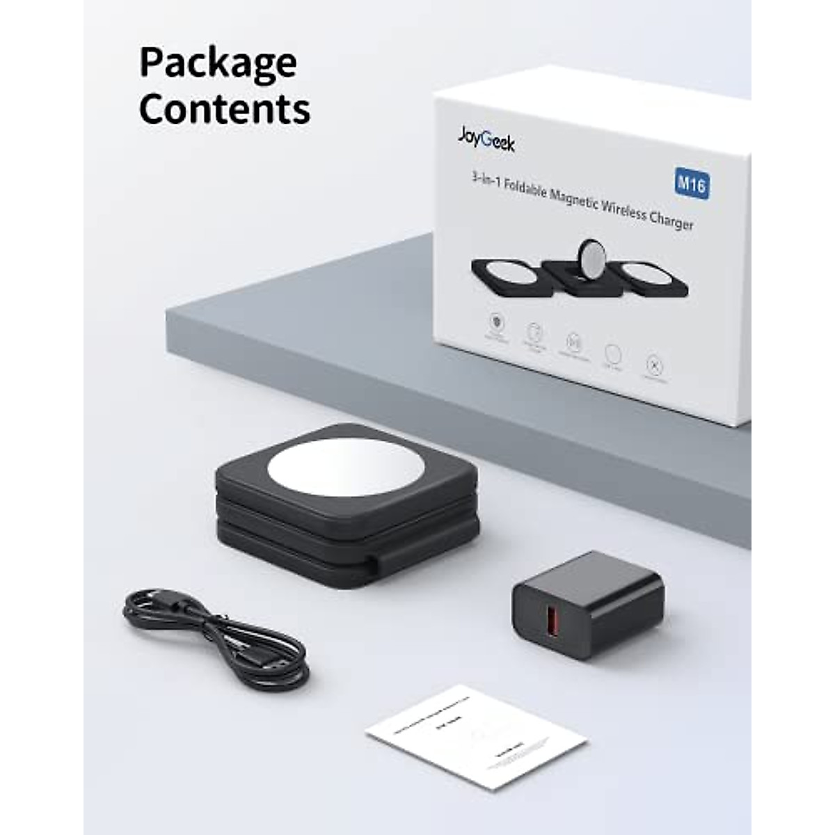 3 in 1 Foldable Wireless Charger, JoyGeek Magnetic Wireless Charging Pad, Mag-Safe Wireless Charging Station for iPhone 14/13/12/11 Series, Apple Watch, AirPods (QC 24W Adapter Included)