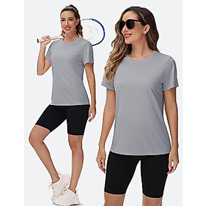 TACVASEN Womens Short Sleeve Shirts Athletic Workout Tops UPF 50+ Rash Guard Running Crew Neck Summer T-Shirts Light Grey M
