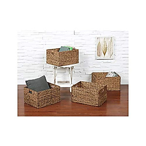 eHemco Rectangular Water Hyacinth Wicker Storage Baskets with Iron Wire Frame, Natural, Set of 4