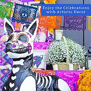 Mexican Party Banners (5 Pack - 10 Plastic Flag Designs per Banner) - Papel Picado Dia de Los Muertos Decorations for Altar - Day of The Dead Banners - Day of Dead Décor