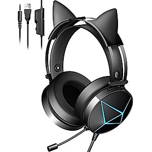 Cat Ear Headphones with Noise Canceling Microphone and Surround Sound, Gaming Headset with Removable Cat Ears, LED Lights, Compatible with PC, Xbox One, PS4, PS5, Switch, Black Gamer Headset Wired