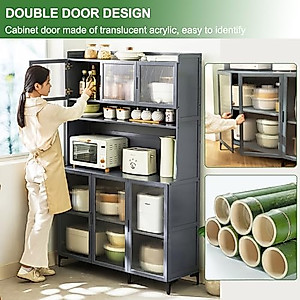 NENAGGE Kitchen Pantry Storage Cabinet, 69" Freestanding Microwave Cupboard with Double Doors ＆ Acrylic Translucent Window, Buffet with Hutch for Living Room, Dining Room,176×116cm/69×46in