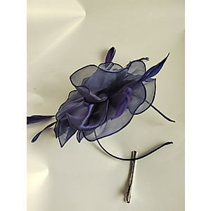 Women Organza Fascinator Hat Flower Feather Fascinators Tea Party Hat Headwear Fascinator Headband for Wedding Evening Church Navy