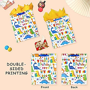 Aiikid 2 Pack Large Gift Bags with Tissue Paper 10.2 x 4.3 x 12.6 Inch Colorful Dinosaur Birthday Gift Bag Goodie Bags for Kids