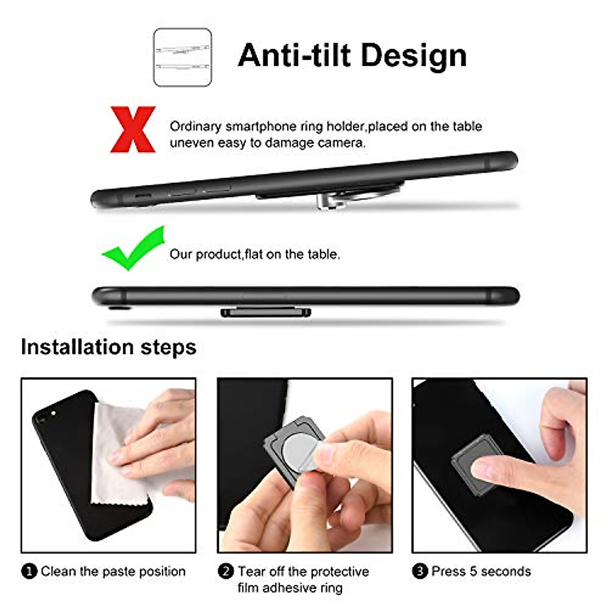 ICHECKEY Cell Phone Ring Holder Stand, 360° Rotation Universal Finger Ring Kickstand with Metal Phone Ring Grip for Magnetic Car Mount Compatible with All Smartphone, iPad, Tablet, 2 Pack