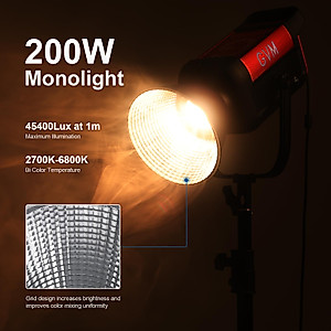 GVM 200W LED Video Light with Softbox, SD200B Photography Lighting Kit with Bluetooth Mesh Network/DMX Control, 2700K-6800K Studio Light Continuous Lighting Kit, 45400lux/1m, 12 Scene Effects