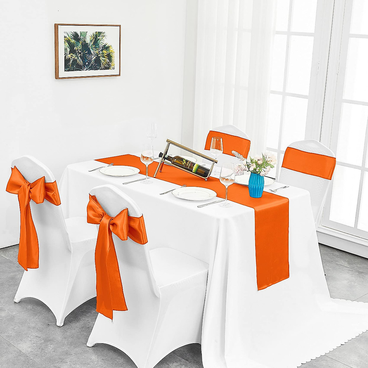 4-Pack Orange Satin Table Runner 12 x 108 Inch Long Bright and Smooth Silk Fabric Table Runner for Wedding Banquet Birthday Party Decoration