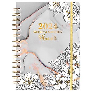 2024 Planner - January 2024 - December 2024, Weekly & Monthly Planner with Tabs, 6.3" x 8.4", Hardcover with Back Pocket + Thick Paper + Twin-Wire Binding - Gray