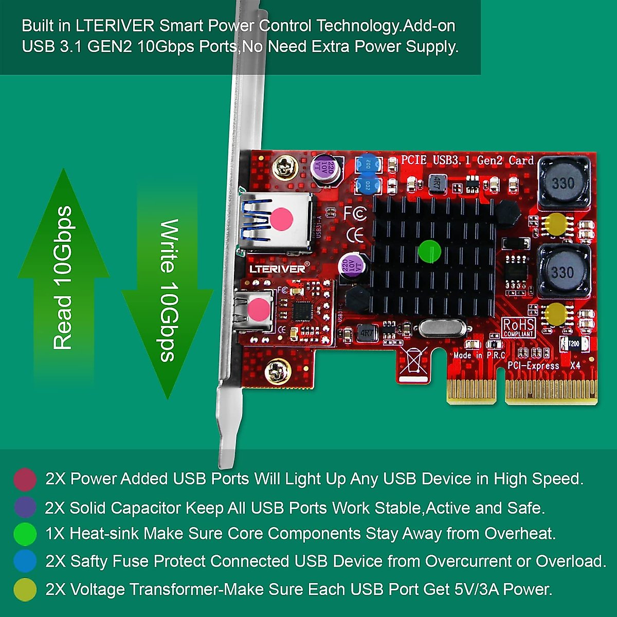 PCIE to USB 3.1 GEN2 10Gbps Card for Windows 7, 8.1, 10, 11 (32/64) and MAC OS 10.9,10.10,10.12,10.13,10.14,10.15 PCs, Built in Smart Power Control Technology, 1X USB-C and 1XUSB-A (PCE-U31AC)