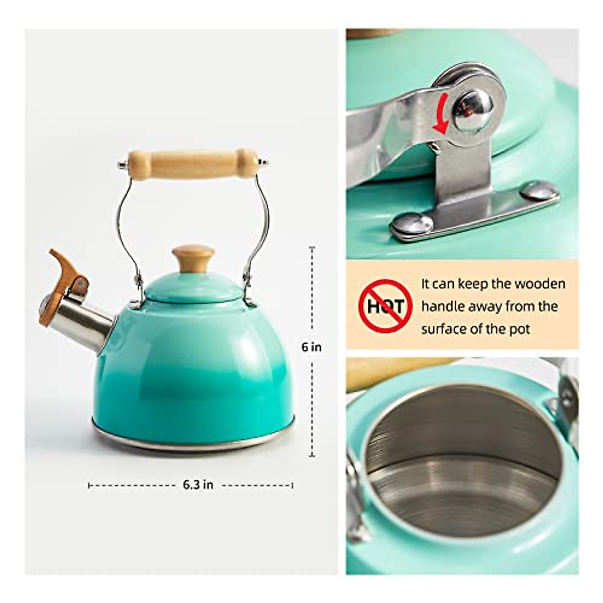 ROCKURWOK Whistling Tea Kettles, 1.6 QT/50 OZ, Small Tea Kettle, Universal Base for Induction, Gas, Electric, Halogen, Radiant, Wooden Handle for Cool Touch,Gradient Green