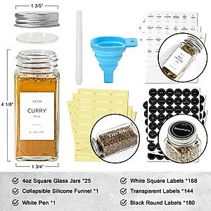NETANY 25 Pcs Spice Jars with Labels - Glass Spice Jars with Shaker Lids, Minimalist Spice Labels Stickers, Collapsible Funnel, 4oz Seasoning Containers Bottles for Spice Rack, Cabinet, Drawer