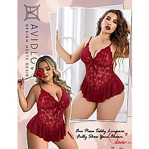 Avidlove Women Plus Size Valentines Day Lingerie Red Lace Bodysuit V Neck Babydoll Chemise Strap Sleepwear Mesh Nightgown
