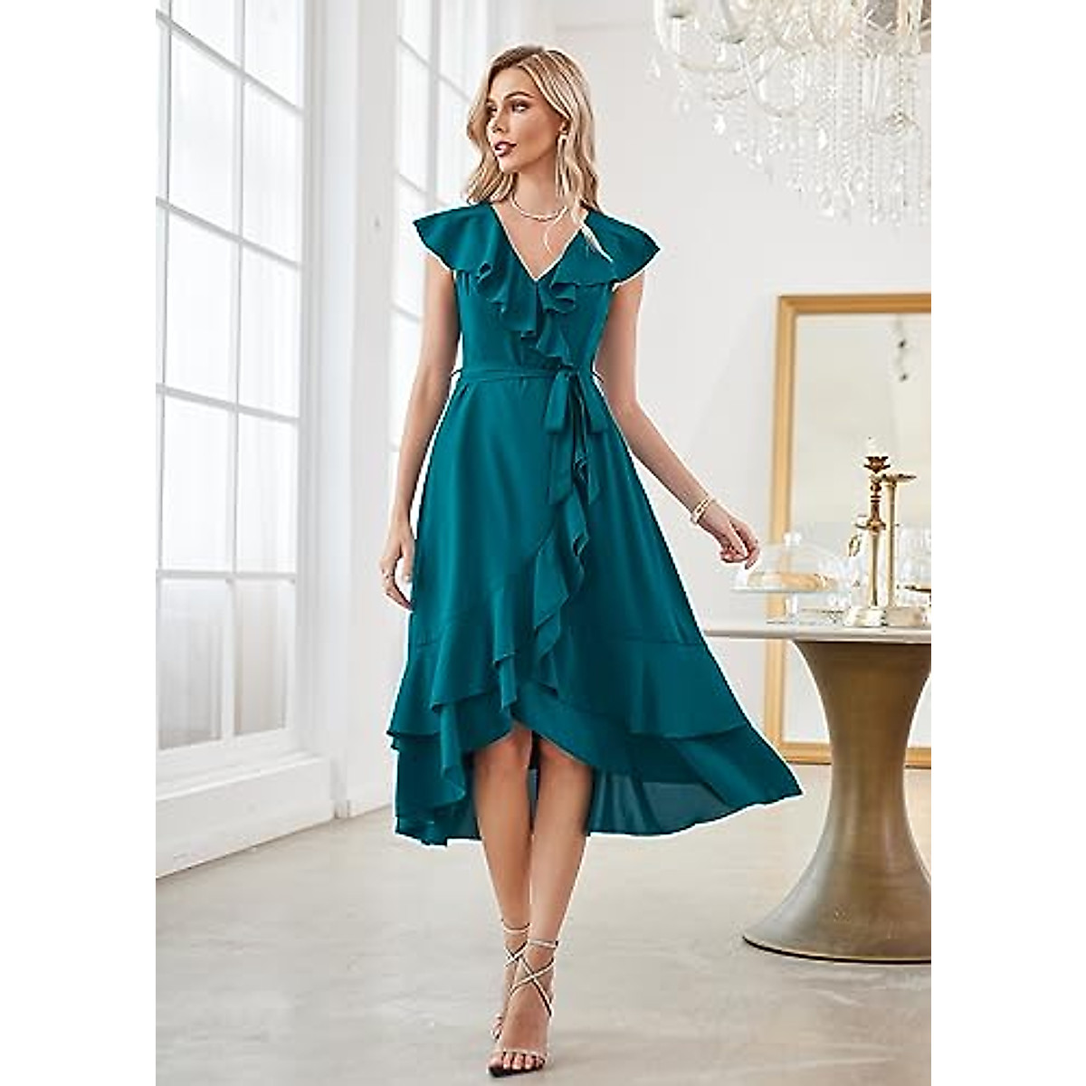 GRACE KARIN Wrap V Neck Long Bridesmaid Dresses for Wedding Sleeveless Ruffle Chiffon Formal Evening Party Dresses Blue Green