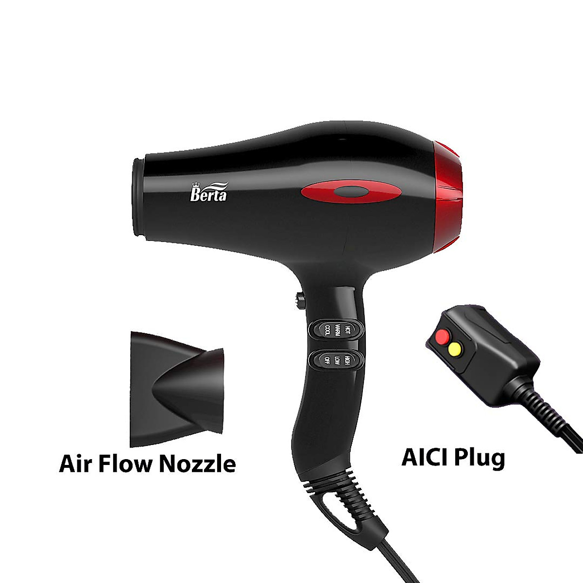 BERTA 1875W Professional Salon Hair Dryer Negative Ionic Blow Dryer, 2 Speed 3 Heat Settings Cool Button with AC Motor, Concentrator Nozzle & Diffuser