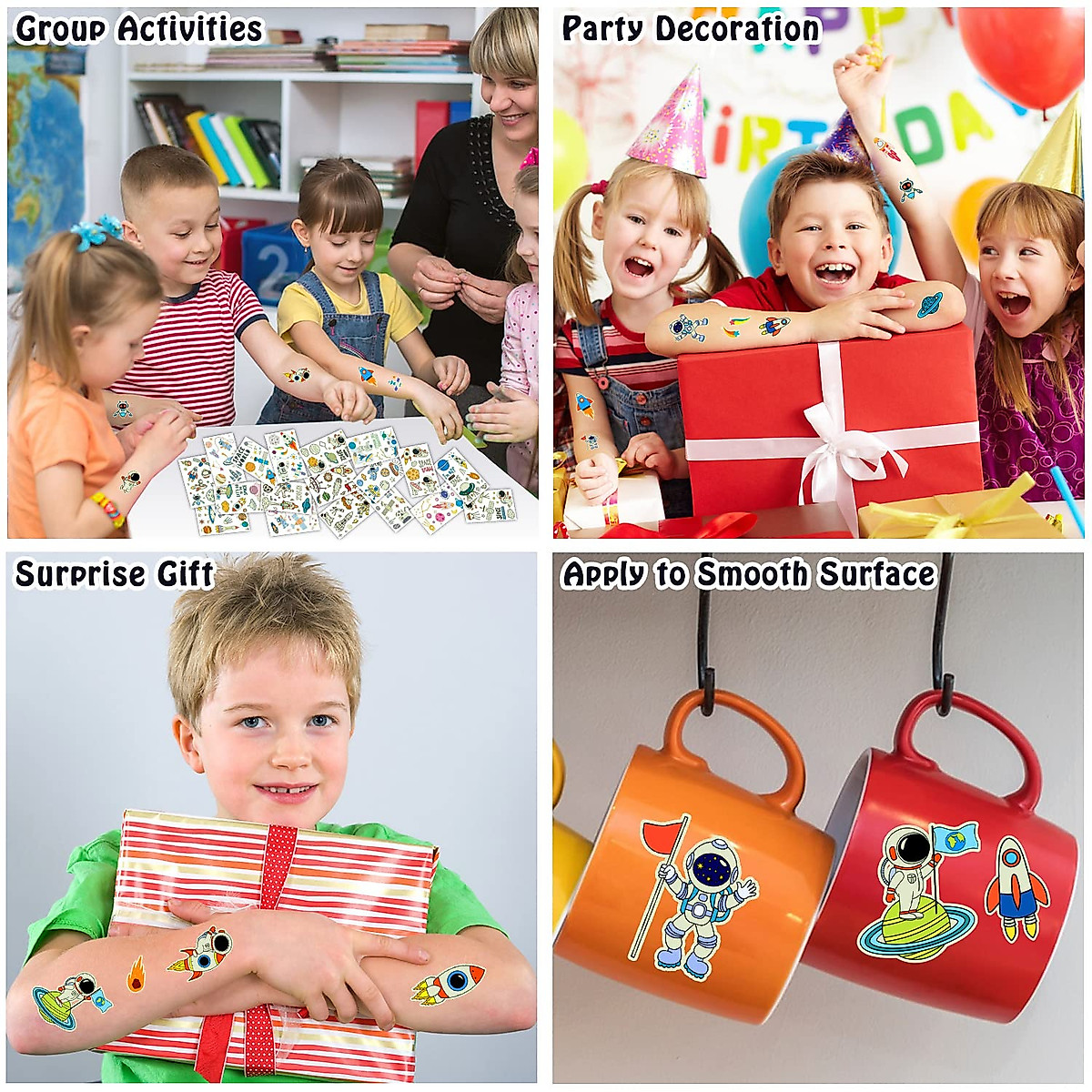 Partywind 290 Styles (30 Sheets) Luminous Space Tattoos for Kids Party Decorations, Glow Outer Space Party Supplies Favors with Astronaut/Rocket/Planet, Kids Games for Glow Party