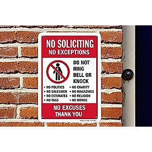 No Soliciting Sign, Funny Decor for House Door Office Business Yard,Metal Aluminum Rust Free, No Excuses, No Exceptions Do Not Ring Bell No Knock Sign - 7" x 9.8", Pre-Drilled Holes, Weather Resistant